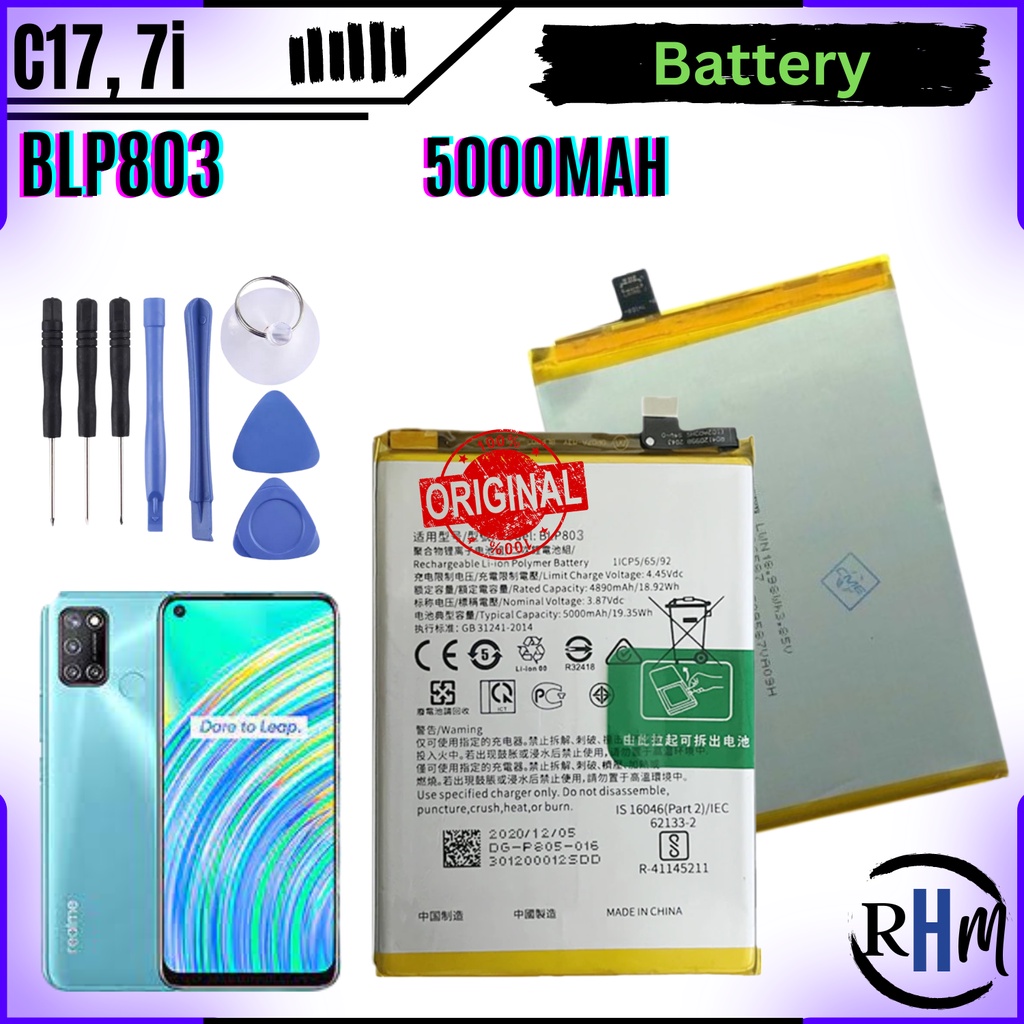 For Realme C17, 7i, A53 2020, V3, Q3ig Battery, Model: BLP803 5000mAh Original Battery Free ...