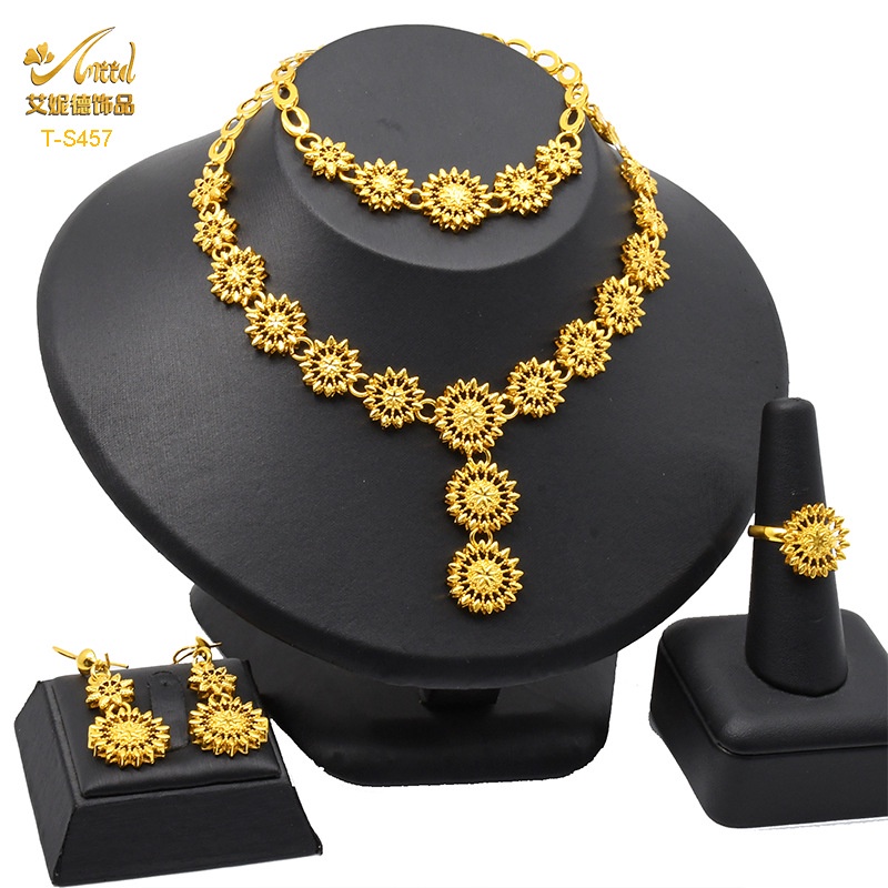 24K gold Dubai Saudi Bride wedding necklace earrings ring bracelet Arab ...