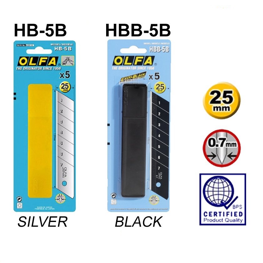 OLFA Spare Blade Cutter HB-5B HBB-5B 25mm Snap-Off Silver Blade, Black Blade 5pc per Pack HB5B ...
