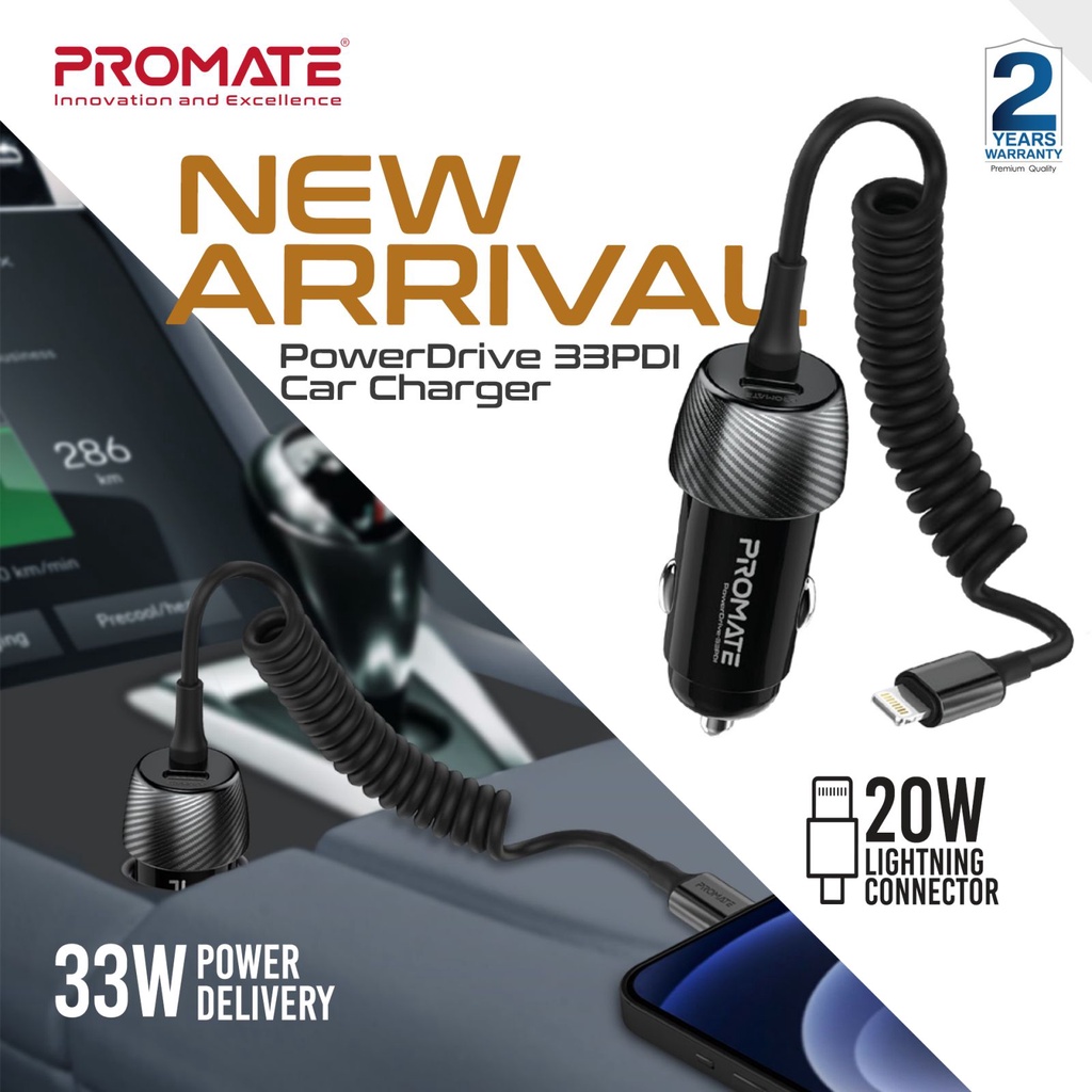 Promate PowerDrive-33PDI 33W Quick Charging Car Charger with Lightning ...