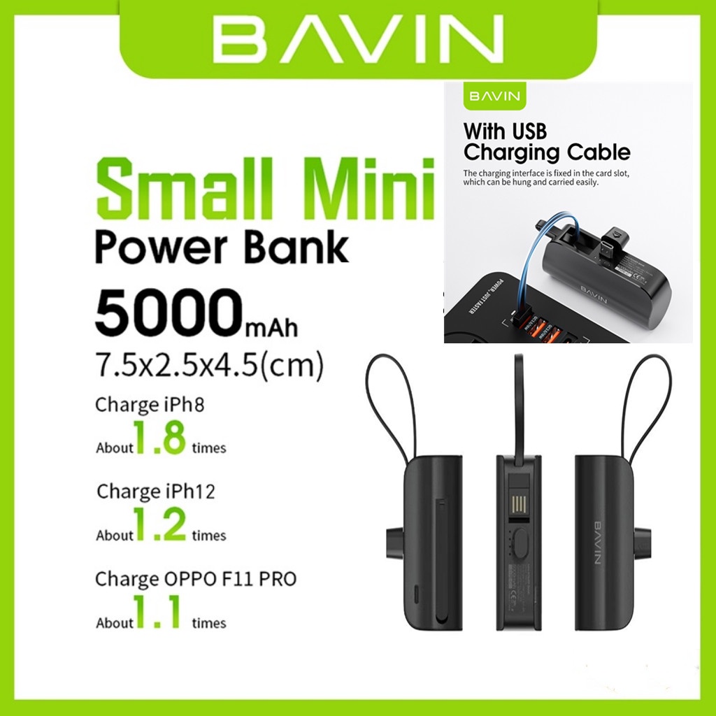 Bavin PC012/PC013 5000mAh Mini Fast Charging Power Bank Type C / iPh Connector w/ Built-In Cable ...