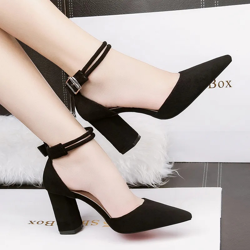 Pointed high heels Korean style one word buckle thick heels | Shopee ...