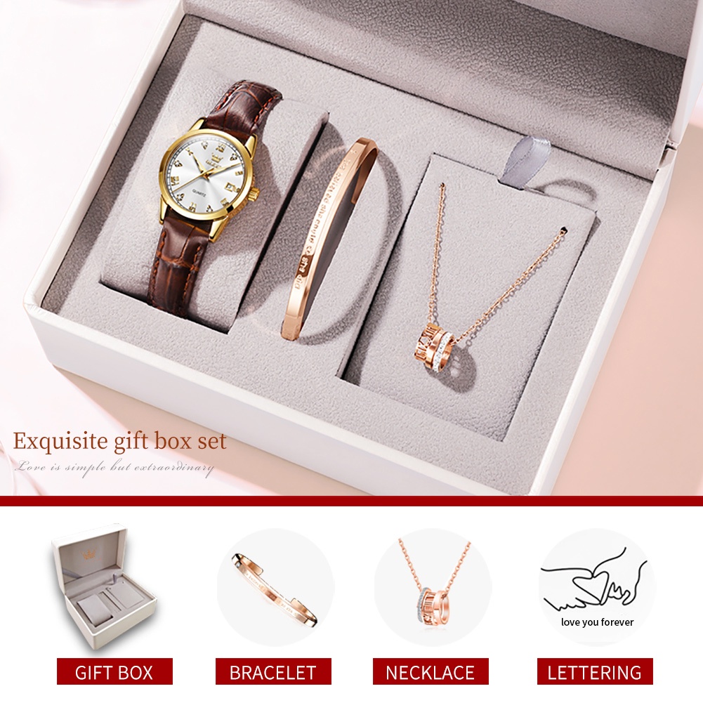 OLEVS Watch For Woman Women Set Gift Box Waterproof Original Leather ...