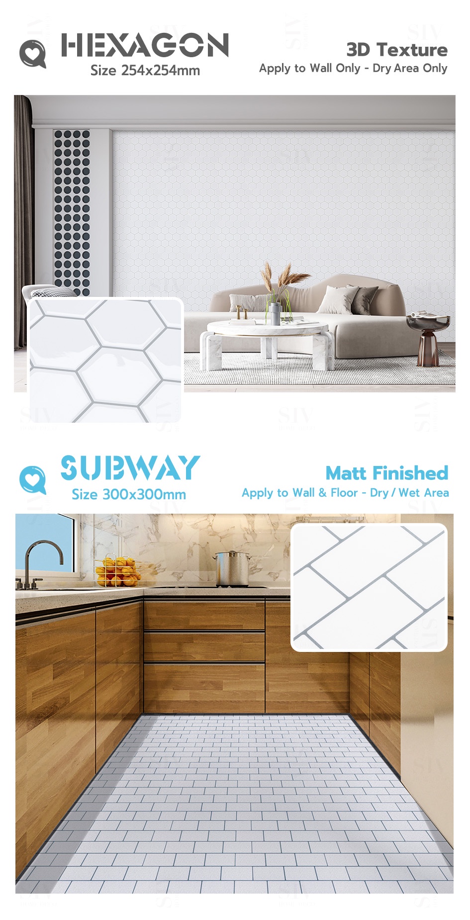 Siv Kitchen Wallpaper 3D Backsplash Subway Tiles Sticker Bathroom Self ...